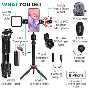 Movo iVlog1 Vlogging Kit for iPhone with Fullsize Tripod - Lightning Compatible Vlog Kit - Accessories: Shotgun Mic, Tripods, LED Light, Wide-Angle Lens for YouTube Starter Kit or iPhone Vlogging Kit