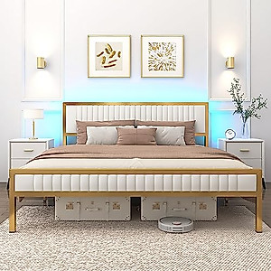 HOMFAMILIA King Size Bed Frame with Headboard, Upholstered White and Gold Platform Bed Frame w/LED Lights and Under-Bed Storage, No Box Spring Needed, Noise Free, Easy Assembly