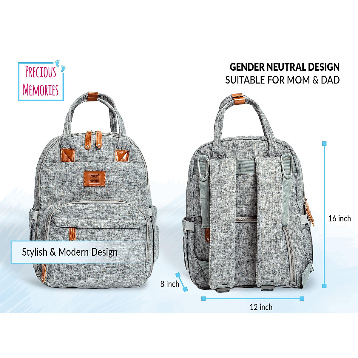 Precious Memories Toddler Diaper Backpack with Portable Changing Mat - Water-Resistant Baby Bag - Large Diaper Bag for Toddlers - Newborn essentials