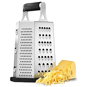 Utopia Kitchen - Cheese Grater & Shredder - Stainless Steel - 6 Sided Box Grater - Large Grating Surface with 6 Razor Sharp Blades - Non Slippery rubber bottom - Perfect to Slice, Grate, Shred & Zest Fruits, Vegetables, Cheeses & Many more! (Black)