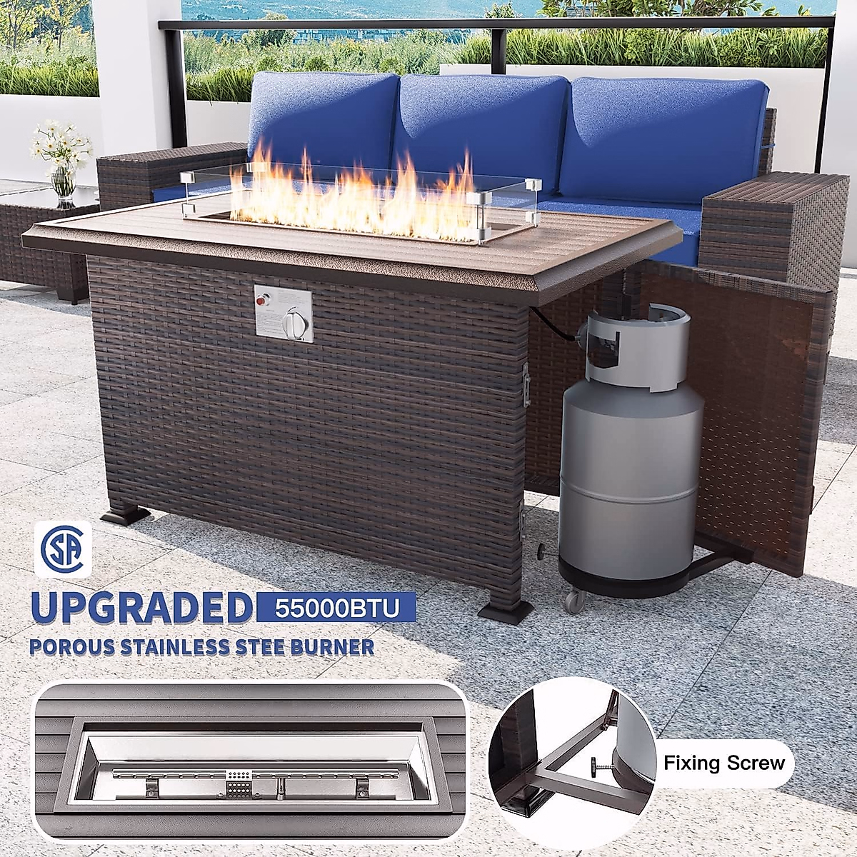 Kullavik 13 Pieces Outdoor Patio Furniture Set with 43" 55000BTU Gas Propane Fire Pit Table PE Wicker Rattan Sectional Sofa Patio Conversation Sets,Navy blue