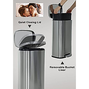 8 Gallon 30L Trash Can with Hinged Lid and Removable Inner Bucket Stainless Steel Kitchen Trash Can Silent Garbage Can Touch-Free Pedal Rubbish Bin Waste Bin for Home Kitchen Waste Bin Silver