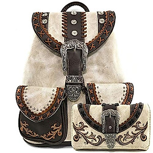 Zelris Western Country Floral Buckle Rucksack Backpack with Matching Wallet Set (Beige)