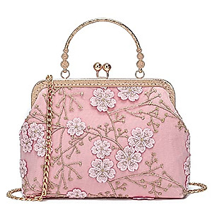 Rejolly Women Vintage Kiss Lock Clutch Handbag Floral Evening Purse Crossbody Shoulder Bag with Chain Strap (Pink)