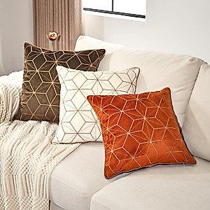 Aeckself Dark Brown Gold Plaid Geometric Throw Pillow Covers 18x18 Inch, Luxury Embroidery Velvet Cushion Case Square Modern Decorative Pillow Covers for Couch Living Room Bedroom