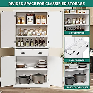 YITAHOME 72'' Farmhouse Kitchen Pantry Storage Cabinet, Tall Freestanding Cupboard with Drawer and Adjustable Shelves, Sideboard Buffet Cabinet for Kitchen, Dining Room, Living Room, White