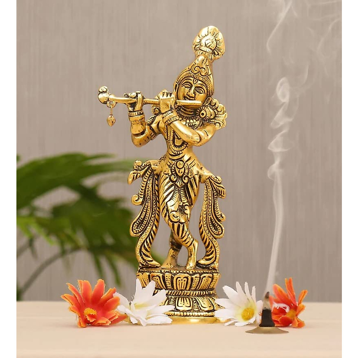 Orbit Art Gallery Gold Plated Metal Handicraft Lord Krishna Bhagwan Murti Hindu God Kanha Ji Idol for Gift Puja Item
