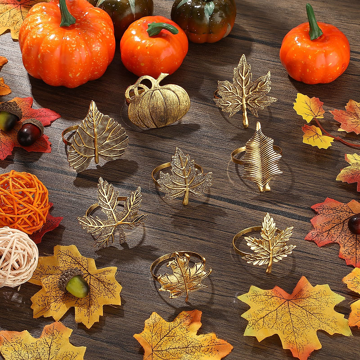 Patelai 8 Pieces Thanksgiving Napkin Ring Set Including Halloween Pumpkin Napkin Holders Fall Leaf Napkin Rings Vintage Alloy Napkin Holder Buckle Thanksgiving Holiday Halloween Wedding Supplies