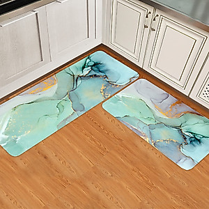 Perdecor Kitchen Rugs and Mats Water Absorbent Non Skid Carpet for Kitchen, Living Room, Laundry, Sink, Laundry and Office, Soft Rug Turqouise Marble Printed 20x24+20x48, 20*24 inch+20*48 inch