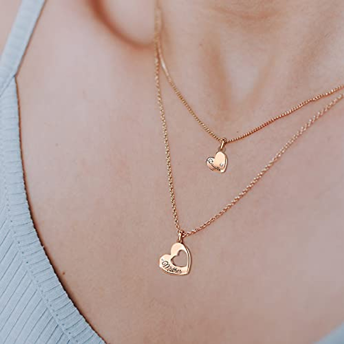 INFUSEU Rose Gold Mother Daughter Necklace Set for 2 for Mama Mom, Sterling Silver Small Dainty Tiny Heart Matching Jewelry for Women Teen Girls