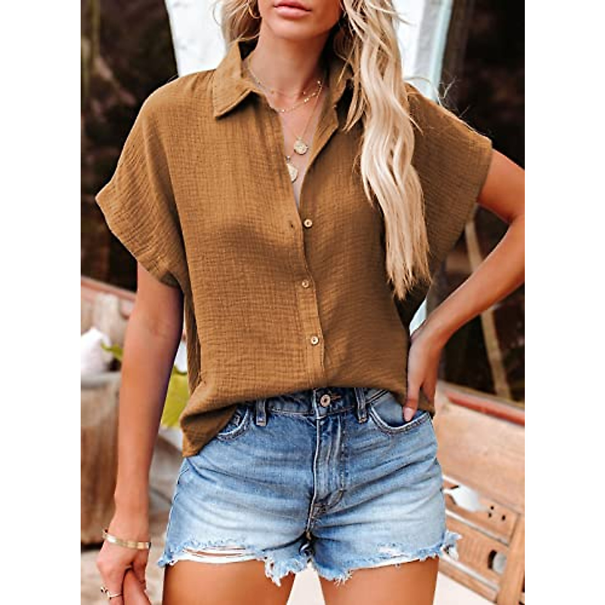 Dokotoo 2023 Fashion Summer Womens Solid V Neck Batwing Short Sleeve Shirts Button Down Cotton Office Workout Blouses Tops Resort Wear for Women Brown XL