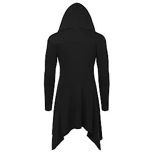 COOFANDY Long Hooded Cardigan Ruffle Shawl Collar Open Front Lightweight Drape Cape Overcoat with Pockets (Black Pattern, M)