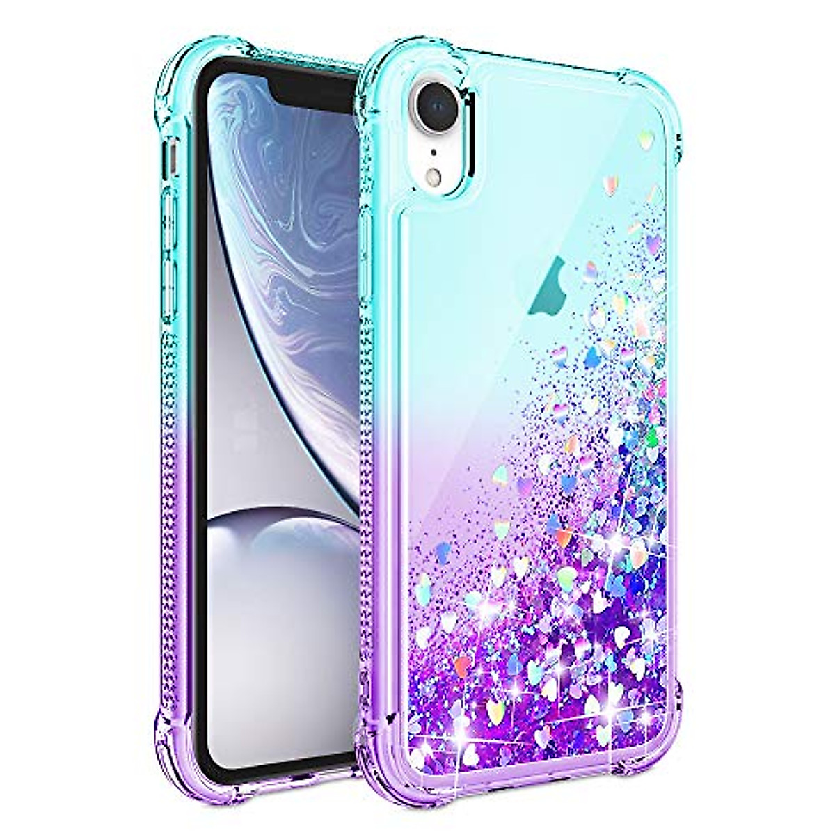 Gritup iPhone XR Case, iPhone XR Phone Case 6.1 inch with HD Screen Protector for Girls Women, Cute Clear Gradient Glitter Liquid TPU Slim Phone Case for iPhone XR Teal/Purple