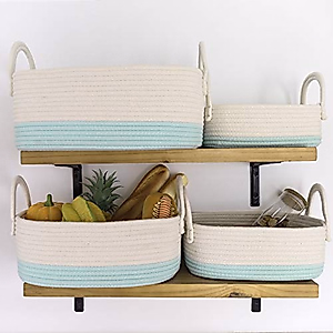 LA JOLIE MUSE 15 Inch Cotton Rope Woven Storage Basket Set of 4, Stackable Multipurpose Organizer Bins with Handles, White & Mint Green