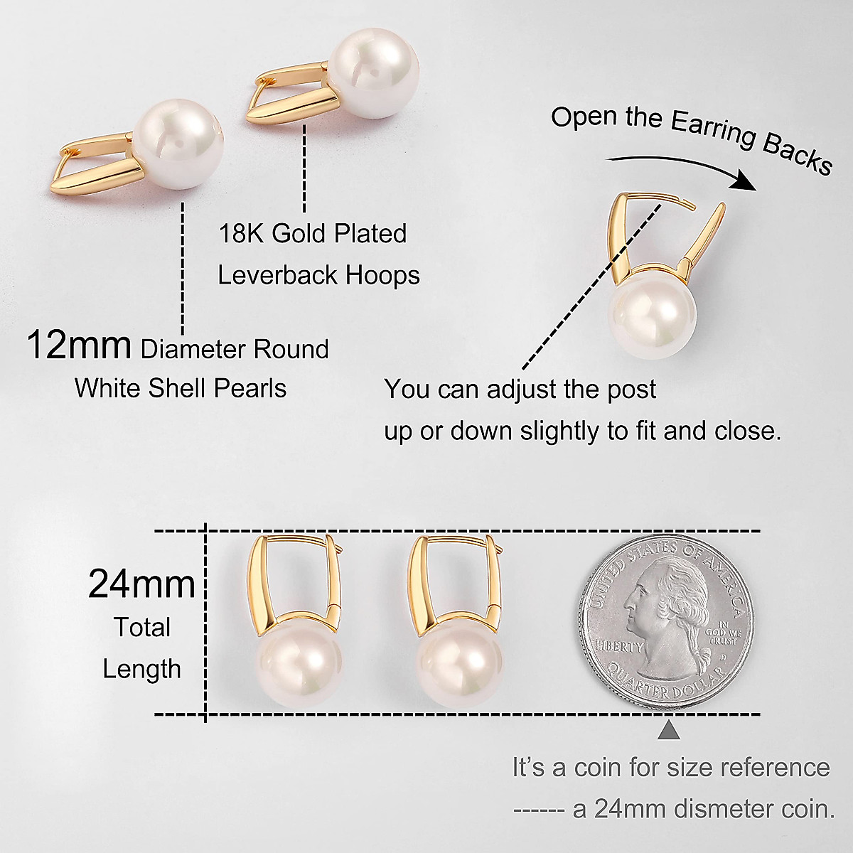 Aobei Pearl 18K Gold Plated Leverback Hoop Handpicked White Round Shell Pearl Drop Dangle Earring for Women Minimalist Simulated Pearl Ear Jewelry for Wedding Bridesmaids Gift