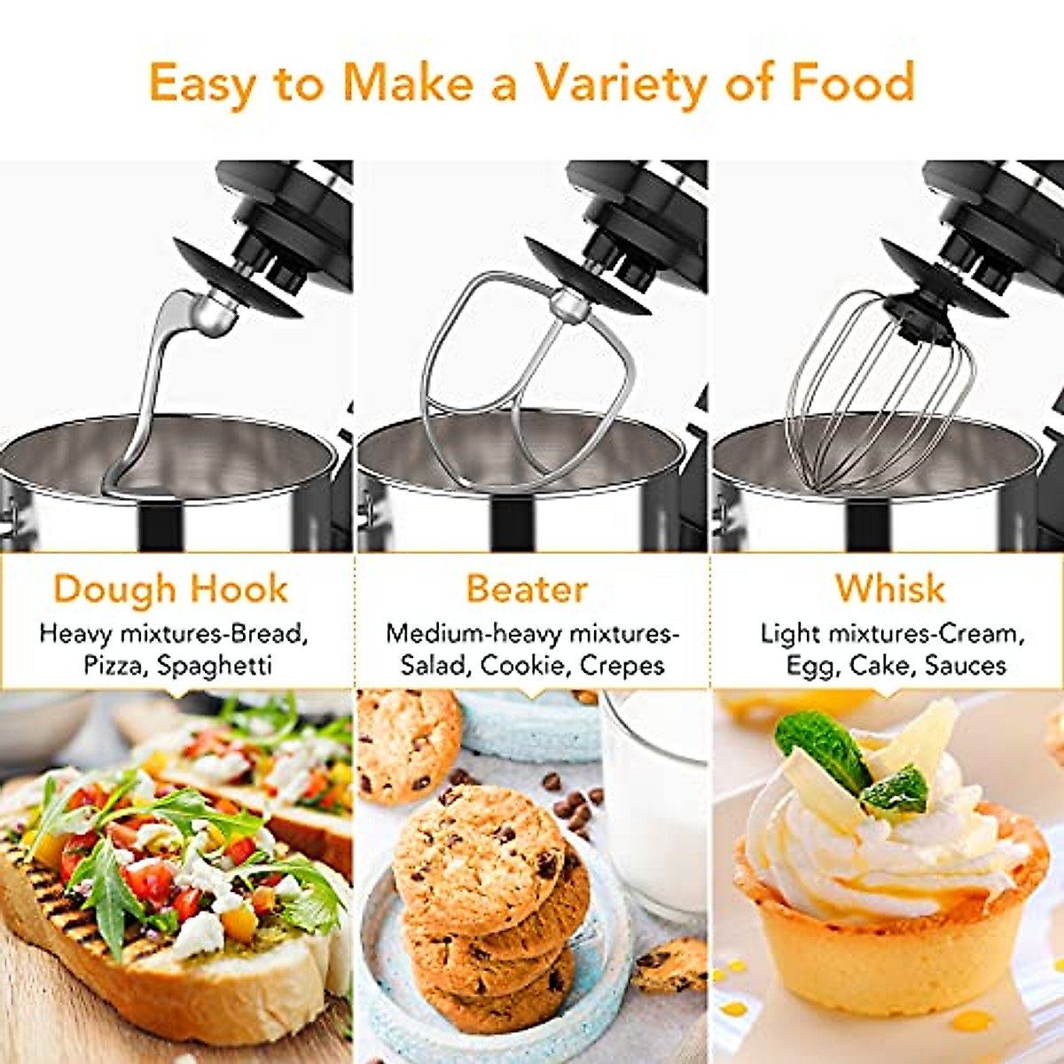 FlexWill Stand Mixer 7.5QT Dough Mixer 10 Speeds Tilt-Head Food Mixer Electric Stand Mixer with Stainless Steel Bowl, Dough Hook, Egg Whisk, Flat Beater, Splash Guard 300W Cake Mixer Black (MC1)