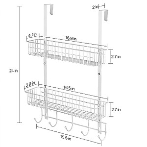 NEX The Door Hooks Shelf Organizer Hanger Towel Rack with 2 Mesh Basket 5 Hooks Storage Rack Spice Rack for Bathroom Kitchen Storage Shelves Toiletries, White