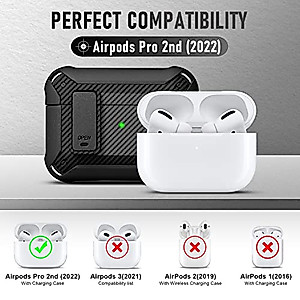 Maxjoy for Airpods Pro 2nd Generation Case, Carbon Fiber Secure Lock Clip Full Body Shockproof Hard Shell Protective Case Cover with Keychain for Apple AirPod Pro 2, Black