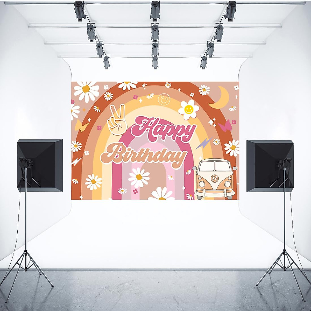 Aperturee 7x5ft Happy Birthday Backdrop Daisy Floral Groovy Photography Backdrop Girls Bday for Newborn Boho Rainbow Bus Party Decorations Cake Table Supplies Banner Photo Booth Props