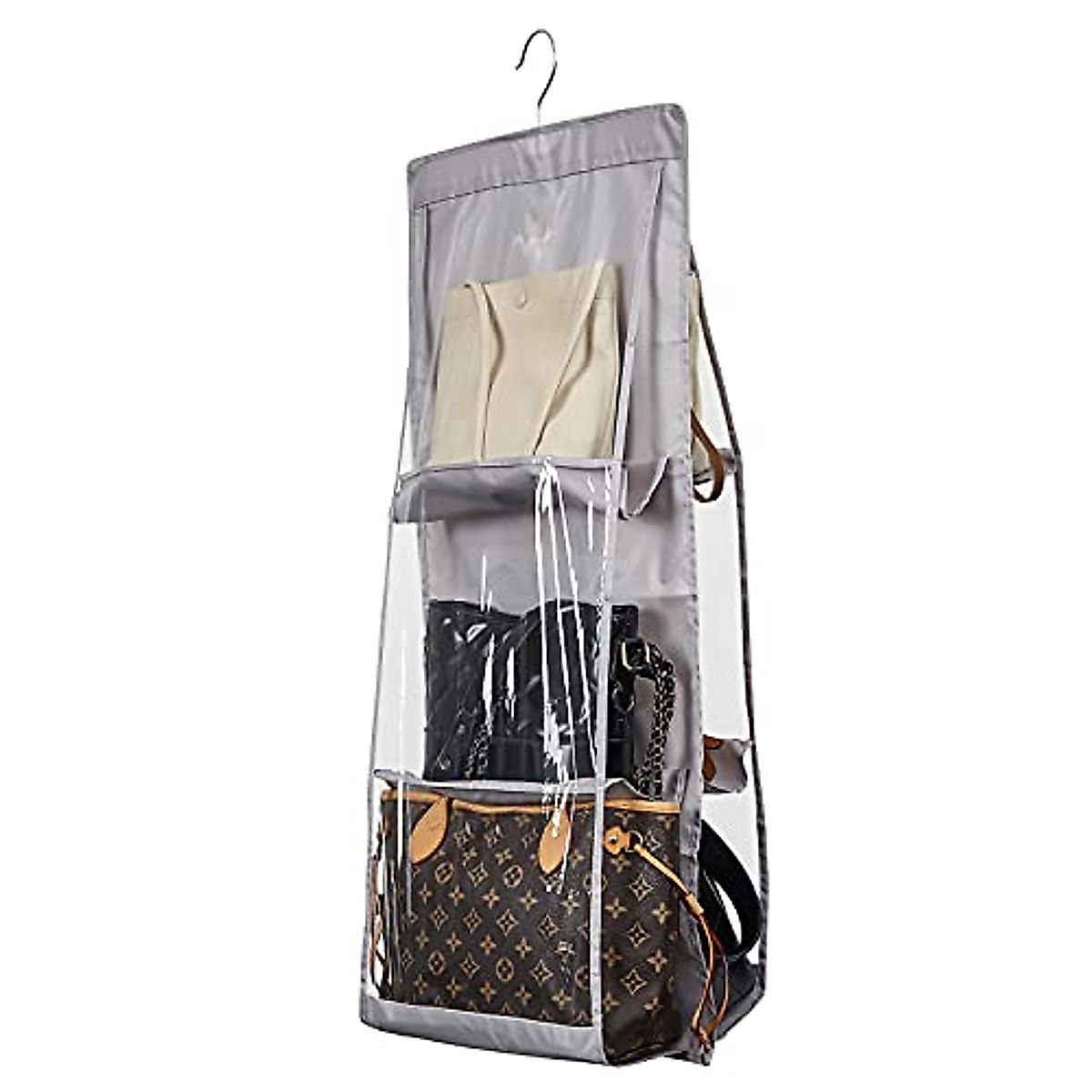 Vercord Hanging Purse Organinzer Handbag Tote Hanger Closet Dustproof Storage Bag with Six Pockets Light Gray
