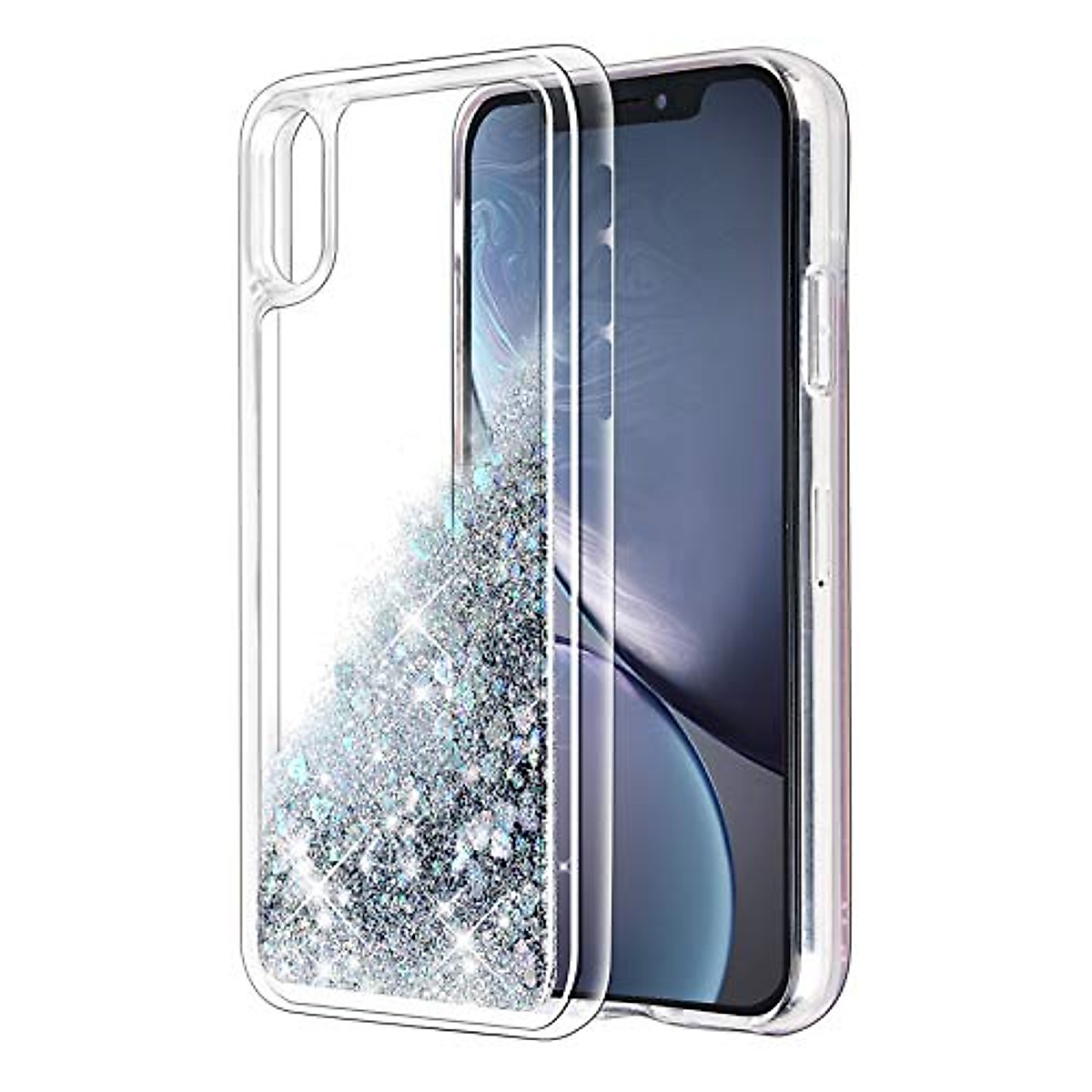 for iPhone XR Case, WORLDMOM Double Layer Design Bling Flowing Liquid Floating Sparkle Colorful Glitter Waterfall TPU Protective Phone Case for Apple iPhone XR [6.1 Inch 2018], Silver