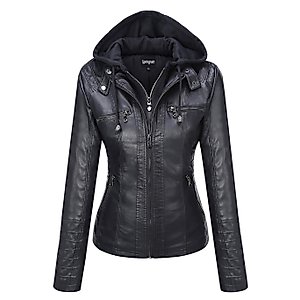 Springrain Women's Faux Leather Jacket Moto Biker Coat with Detachable Hood Motorcycle Jacket (XX-Large, Black)