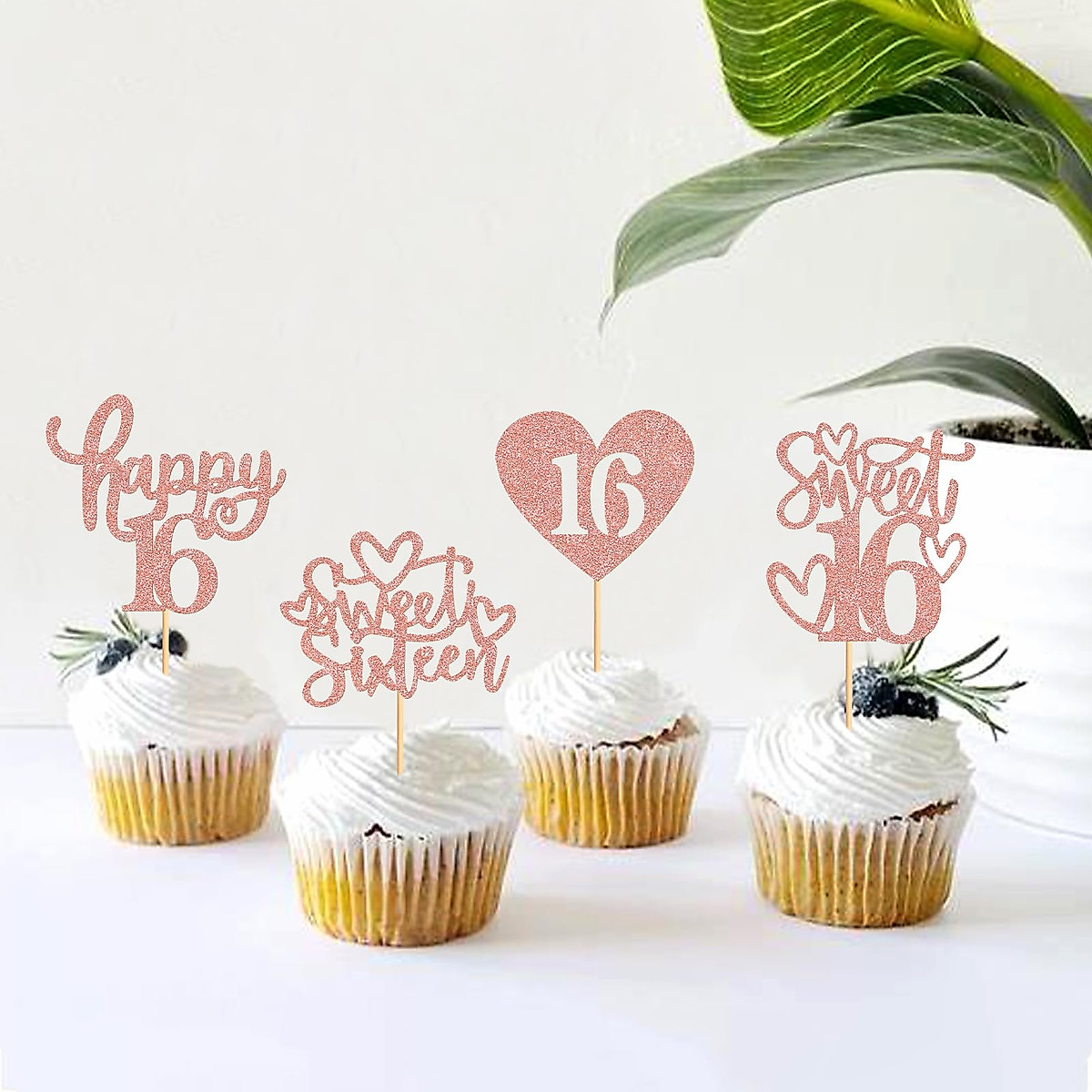 Keaziu 48 Pack Happy Sweet 16 Cupcake Toppers Sweet Sixteen 16 Happy 16 Cupcake Picks for 16th Birthday Wedding Anniversary Party Cake Decorations Supplies Rose Gold
