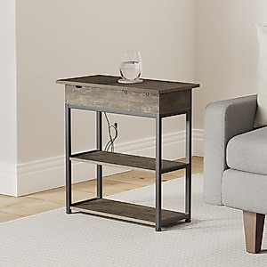 Rolanstar End Table with Charging Station, Narrow Nightstand, Flip Top Side Table with USB Ports and Storage Shelves for Small Spaces, Living Room, Bedroom, Grey
