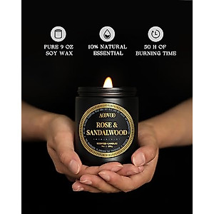 AOOVOO Scented Candles for Men - Rose & Sandalwood Candles for Home Scented | Crackling Wood Wick Soy Candles | Strong Fragranced Masculine Black Candle Gift for Women & Men, 9oz
