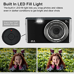 Acuvar 44MP Compact Point & Shoot Digital Camera, 16X Digital Zoom, 2.4 Inch Screen & 32GB SD Card, Card Reader, 6" Tripod & 6PC Card Holder Vlogging Camera for Kids Teens Students Boys Girl (Black)