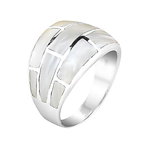 AeraVida Stunning Ocean Iridescence Brick Pattern of White Mother of Pearl Rectangle Inlays in Sterling Silver Wide Unisex Ring Size 7 for Everyday Fashion with a Modern Beach Vibe