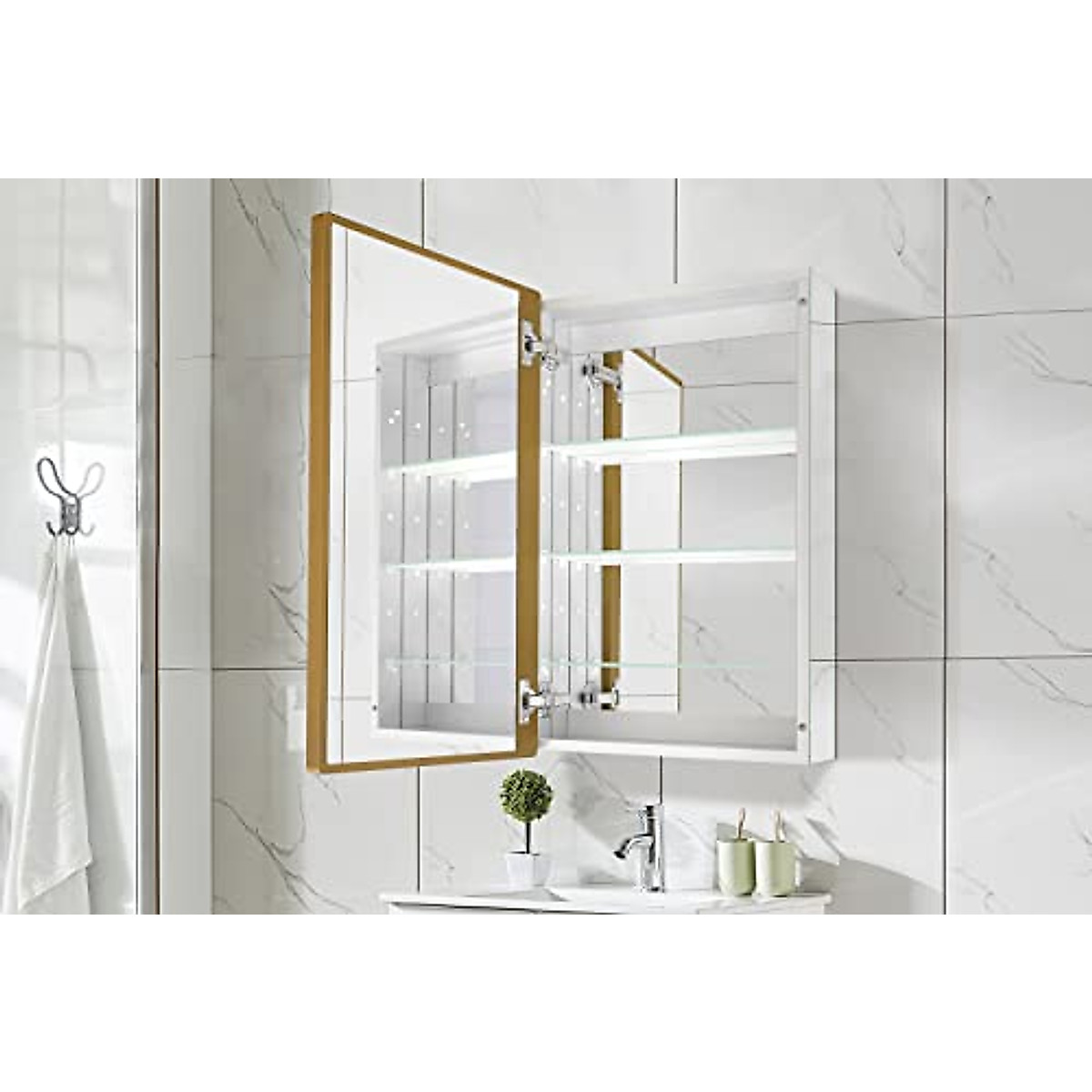 FOMAYKO Aluminum Bathroom Medicine Cabinet with Farmhouse Gold Framed 16x26 Inches Recess or Surface Mount Mirror Cabinet for Bathroom Toilet Kitchen