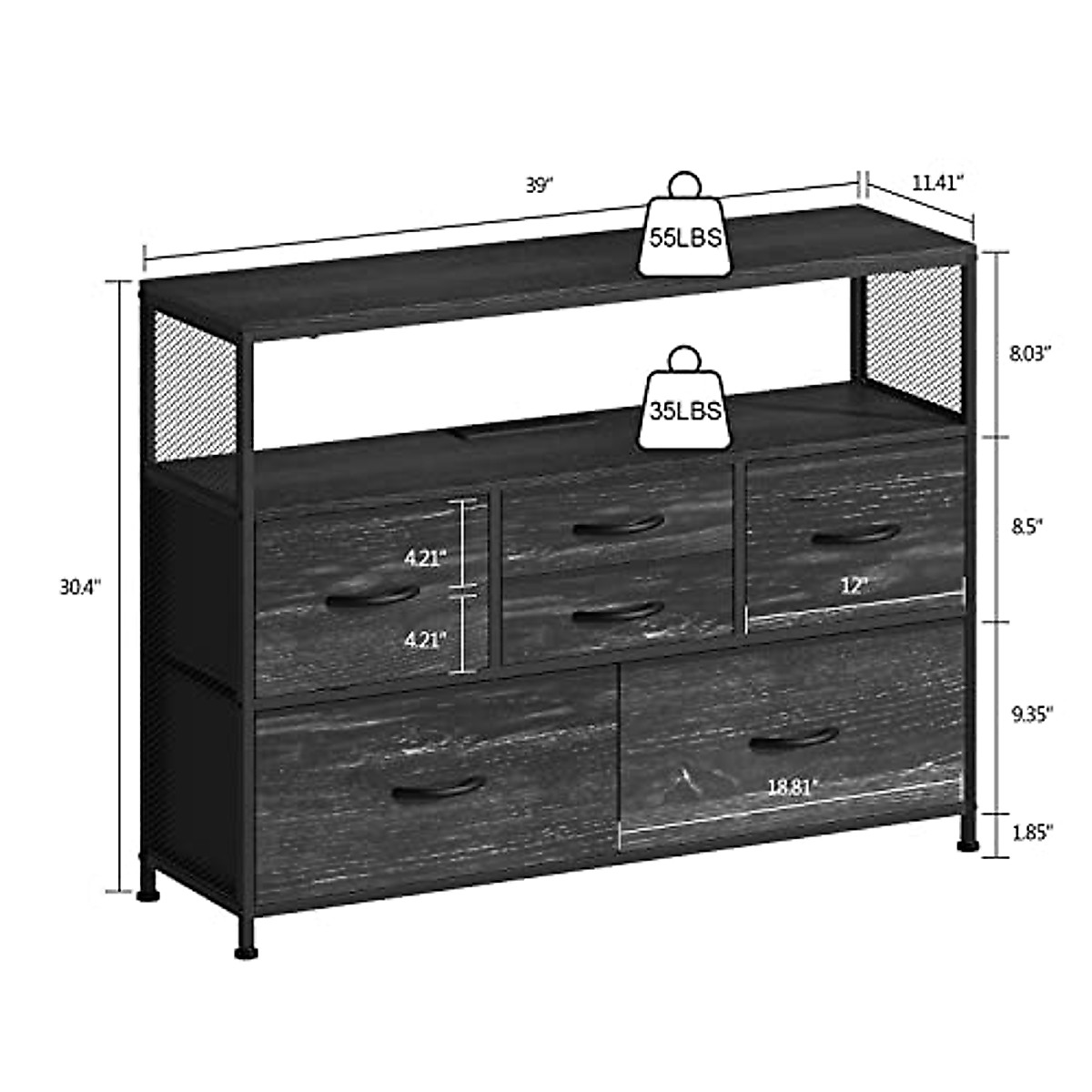 Simoretus TV Stand with Power Outlet and Fabric Drawers Entertainment Center for TV up to 45 inch Industrial Open Storage Shelf Media Console Dresser for Living Room Bedroom Charcoal Black