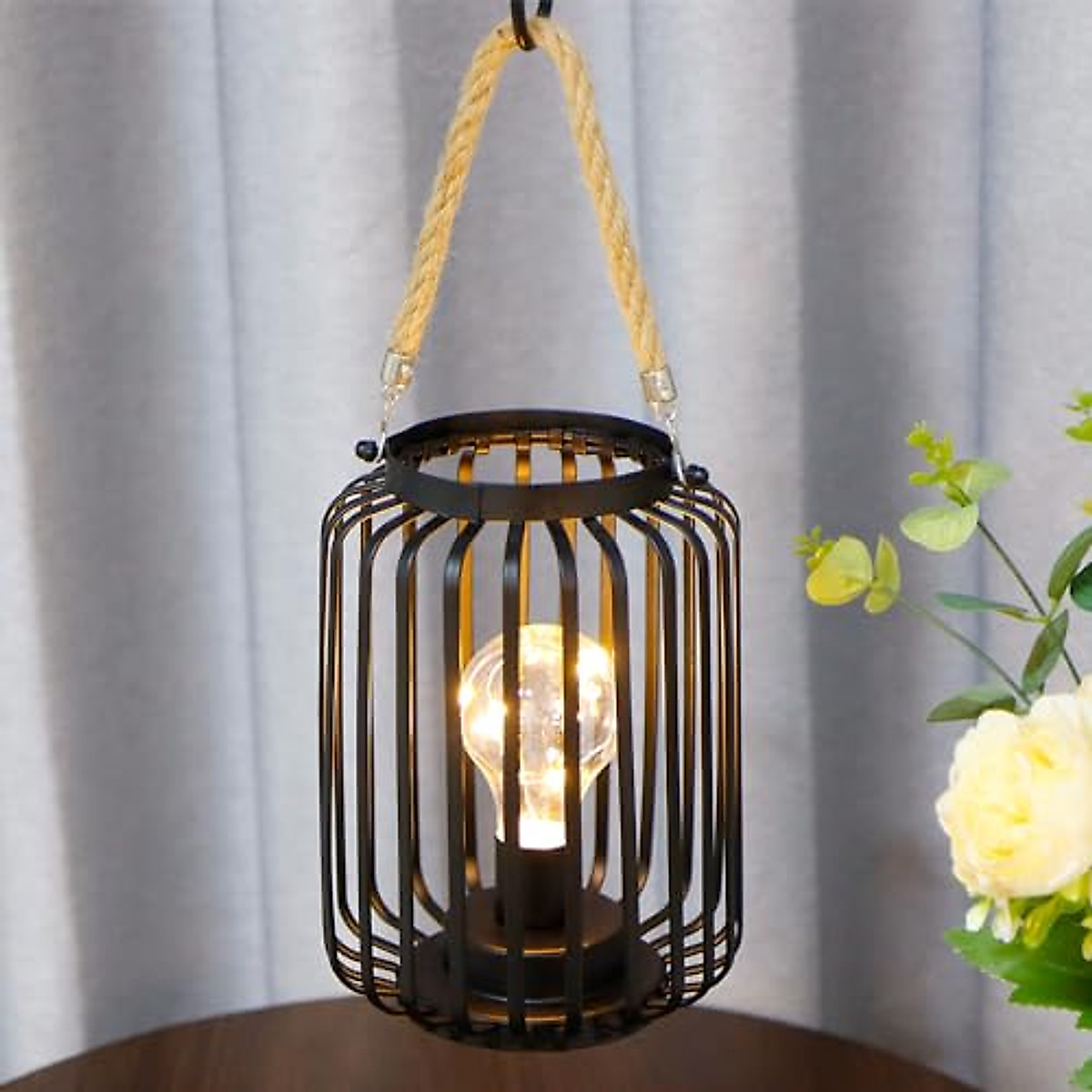 JHY DESIGN 7.5" High Metal Cage Decorative Lamp Battery Powered Cordless Warm White Light with LED Edison Style Bulb Great for Weddings Parties Patio Events Indoors Outdoors with Hemp Rope Handle