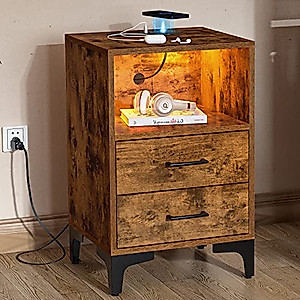 LYNCOHOME Nightstand with Wireless Charging Station and LED Lights, Modern End Table with 2 Drawers and Open Storage for Bedroom, Brown