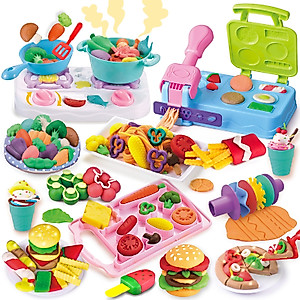 YiQis Kitchen Creatiocns Super Chef Suite Playset,Playdough Sets for Kids Ages 2-4,Preschool Cooking Play Food Toy 40 Accessories & Tools,5 Cans 2 oz Compound Dough Colors Sets for Kids 4-8