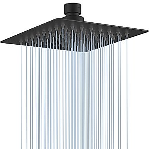 BESy 6 Inch Rain Shower Head, 6" Square Rainfall & High Pressure Stainless Steel Bath Showerhead, 1/16" Ultra Thin, Waterfall Full Body Coverage with Silicone Nozzle, Matte Black Finish