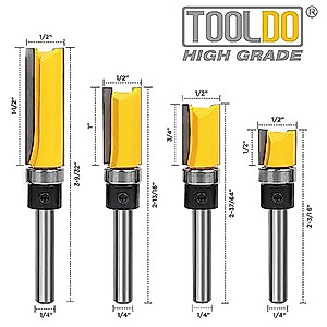 TOOLDO Pattern Flush Trim Bit 4 Pcs Router Bits，Top Bearing Flush Trim Bits Set，1/4 Inch Shank ,Cutting Length 1/2", 3/4", 1", 1-1/2"