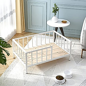 OSCHF Dog Bed with Rails - Elevated Pet Metal Bed Frame with Solid Wood Board and Washable Soft Mat for Medium Dog Indoor or Outdoor Use, 25.2" x 37.8", White