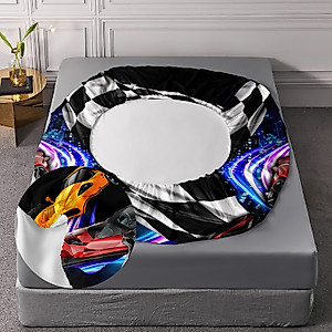 AILONEN Racing Car Fitted Sheet Set Twin XL Size,Black and White Grid Bed Sheet Set for Kids Boys Teen,3 Pieces Extreme Games Race Car Sheet Set for Room,1 Fitted Sheet with 2 Pillowcases