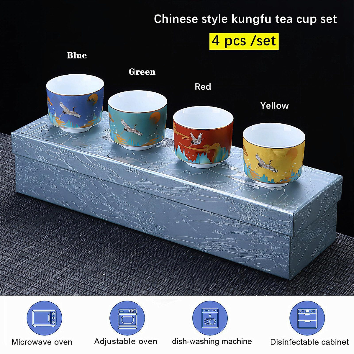Jianzhan Tenmoku Tea Cups Set of 4, Chinese Ceramic Tea Set, Colorful Kiln Transmutation Kungfu Tea Cups Tiger Head Pattern Teacups - 6 oz