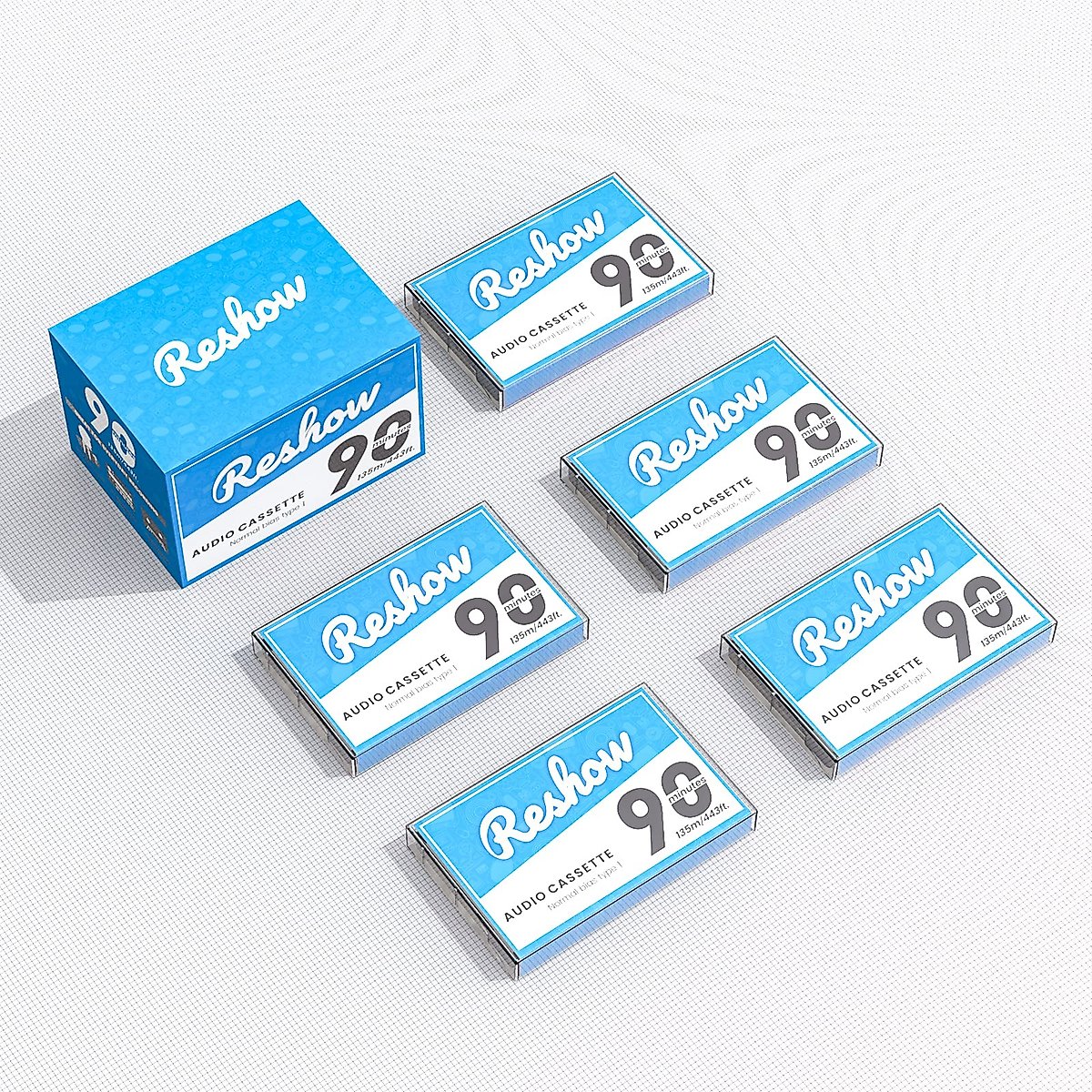 Reshow Audio Cassettes Low Noise High Output 90 min Time Blank Cassettes Tapes with Individual Clear Plastic Cassette Tape Case, Great for Everyday Recording (Pack of 5)