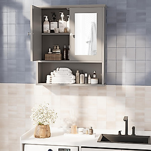 Meilocar Bathroom Cabinet with Mirror Doors, Bathroom Wall Cabinet Wall Mounted Bathroom Mirror Cabinet, Over Toilet Medicine Cabinets for Bathroom Laundry Room Kitchen, Grey