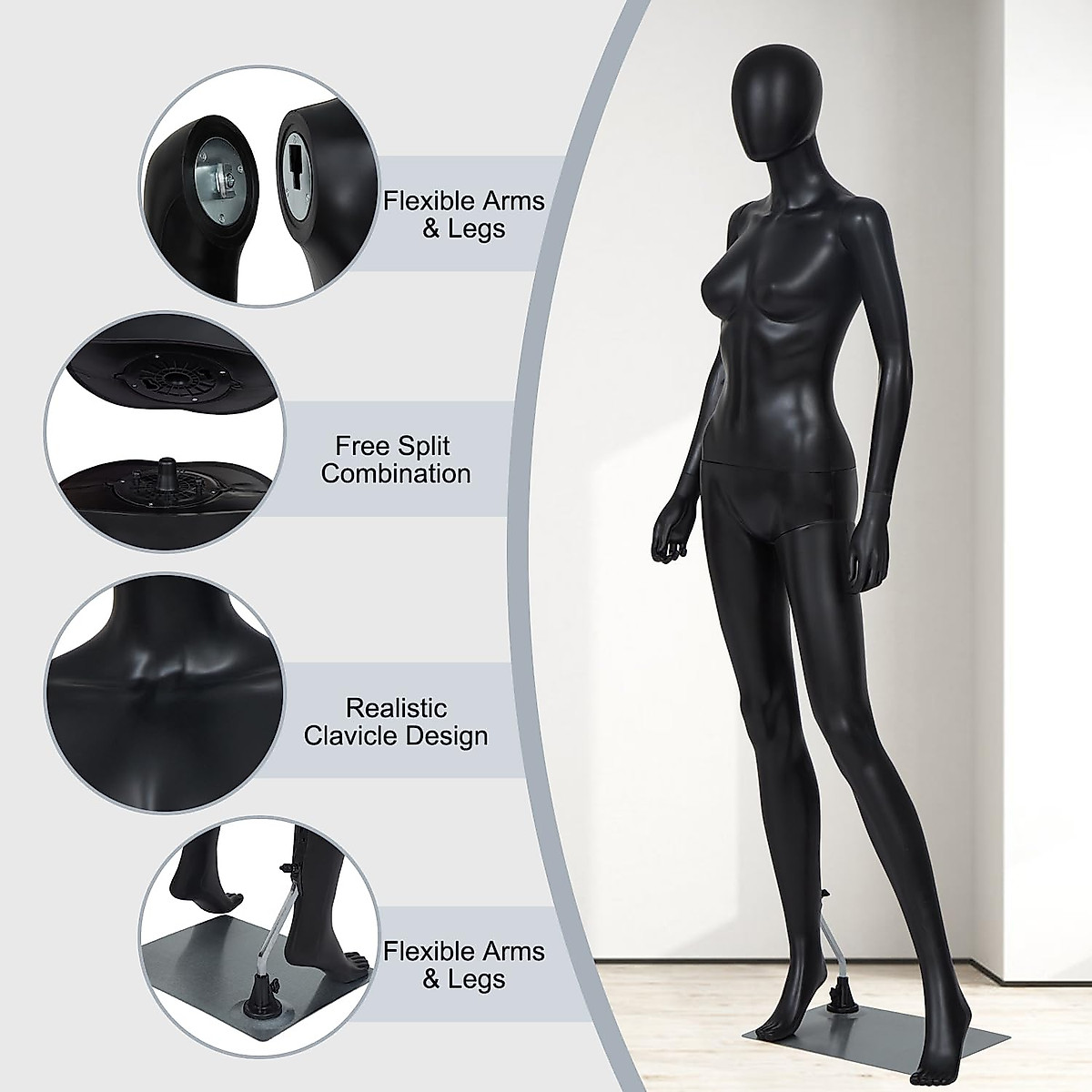 Kinfant Female Full Body Mannequin - 6 Ft Detachable Dress Form Display Mannequin Stand with Metal Base, Adjustable Dress Model for Fashion Store, Clothing Design, Black
