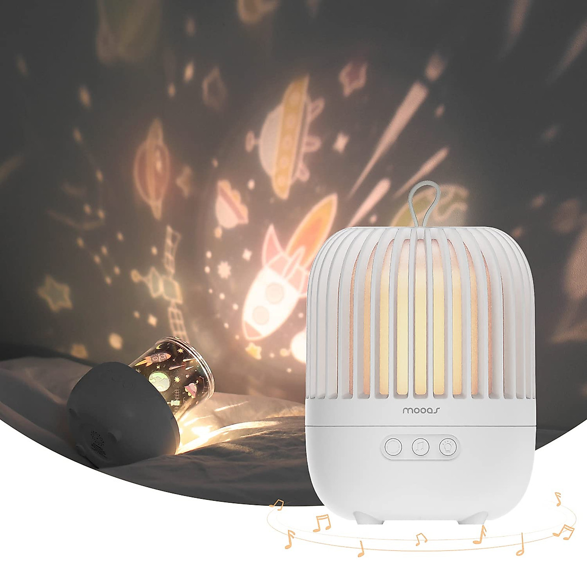 mooas Wonderland Rotating Projector Melody Nightlight (White), 360° Rotating Nightlight, Nightlight for Kids Baby Room, 4 Lighting Modes and 8 Melodies, 9 Theme Films, 1200mAh Rechargeable Battery