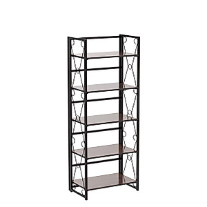 VECELO Bookshelf No Assembly, 5 Shelf Folding Bookcase, Book Shelves Organizer for Living Room, Bedroom, Kitchen, Office, Industrial Metal Frame, Walut, 1 Set