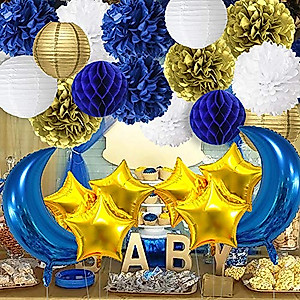 Wcaro Nautical Party Decorations To The Moon Party Decor Royal Blue White Gold Tissue Pom Poms Flower Paper Lanterns Paper Honeycomb Ball Moon Shaped Foil Mylar Balloons Star Shape Foil Mylar Balloons