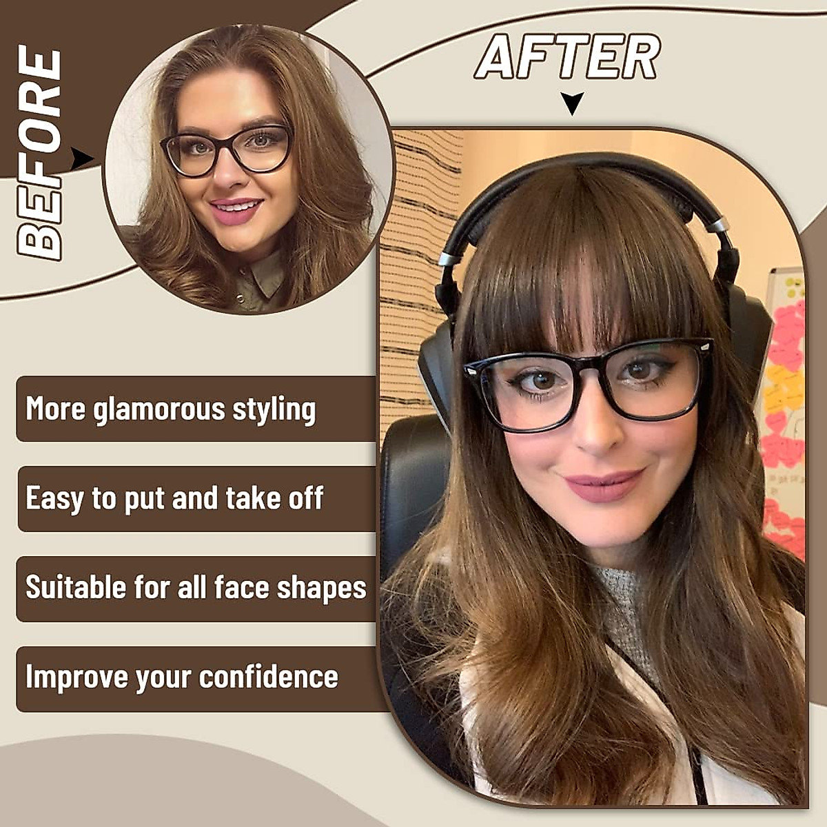 HMD Bangs Hair Clip in Bangs Real Human Hair Wispy Bangs Fringe with Temples Hairpieces for Women Clip on Air Bangs Flat Neat Bangs Hair Extension for Daily Wear (Wispy Bangs, Dark Brown)