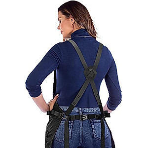 Under NY Sky Barber Black Apron - Leather Straps, Pockets, Reinforcements - Crossback - Coated Black Twill, Tool Pockets, Split-Leg – Adjustable for Men, Women – Barista, Bartender, Hairstylist, Salon