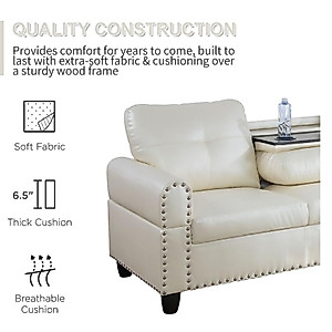 LOPOO 2PCS Sectional Sofa with Right Armrest and Chaise Lounge, 97-in Faux Leather L-Shaped Couch, Foldable Drop Table & Cup Holders & 2 Pillows, 105° Recliners, Nailhead Trim Living Room Sets, White